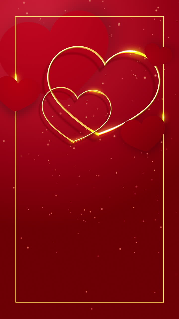 Red hearts symbols of love with golden frame. Animated greeting card ...