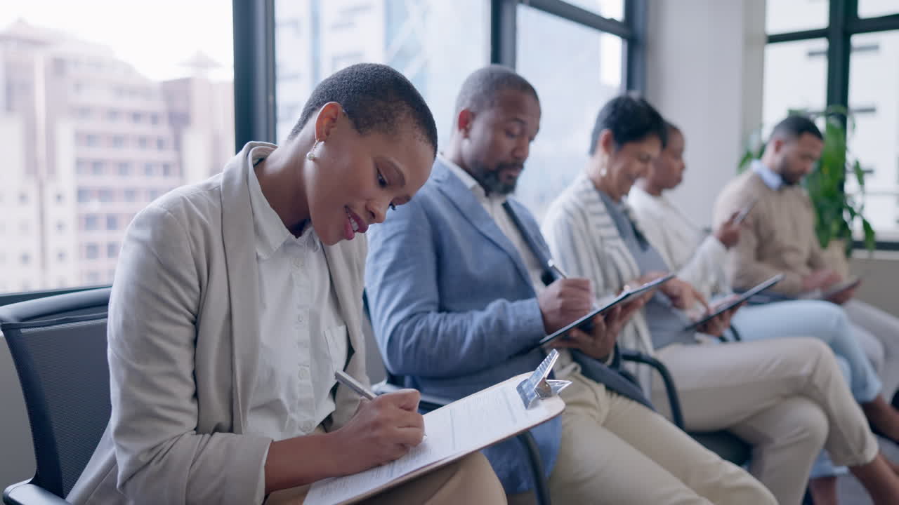 Premium stock video - Paperwork, job candidates and people in waiting