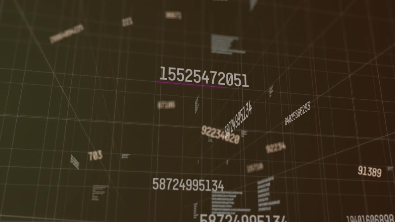 Digital animation of multiple changing numbers floating against grid network on black background ...