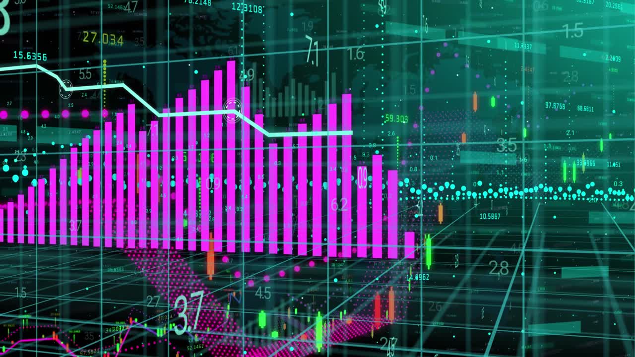 Premium stock video - Animation of pink and blue graphs with charts and ...