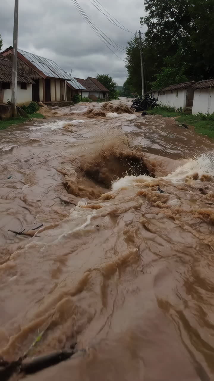 Muddy Floodwaters Rushing Through a Village Street | Premium Stock ...
