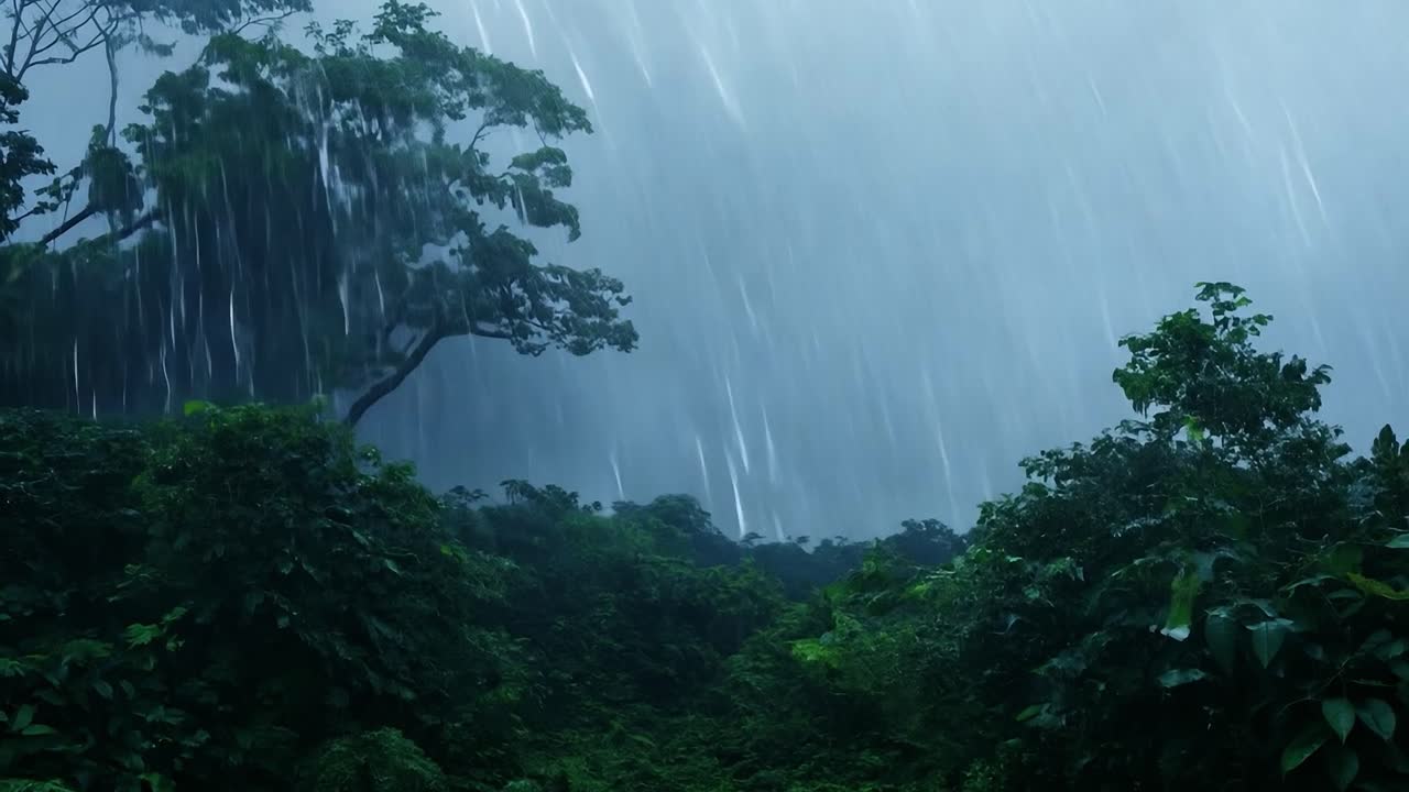 Heavy rain pours down on a dense tropical forest, creating a vibrant ...