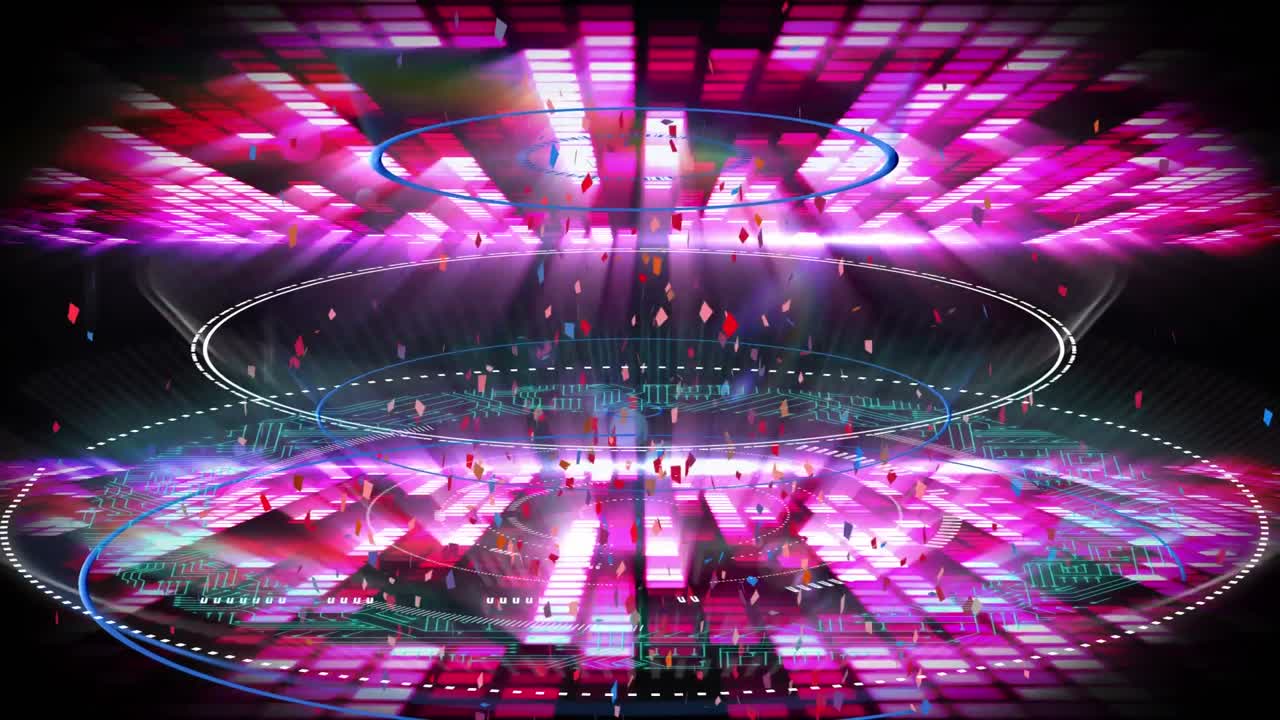 Multiple Round Scanners And Confetti Falling Against Spot Of Light Over ...