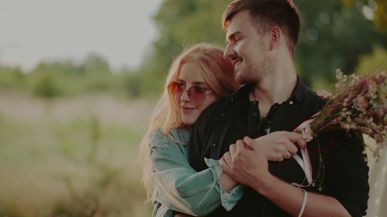 Engaged attractive couple hug against camp 2 Premium Stock Video Footage