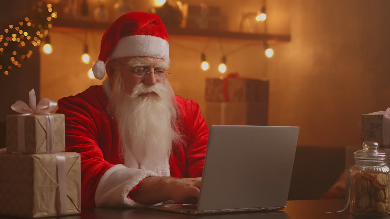 Santa Claus holding gift box typing keyboard kid talking to child ...