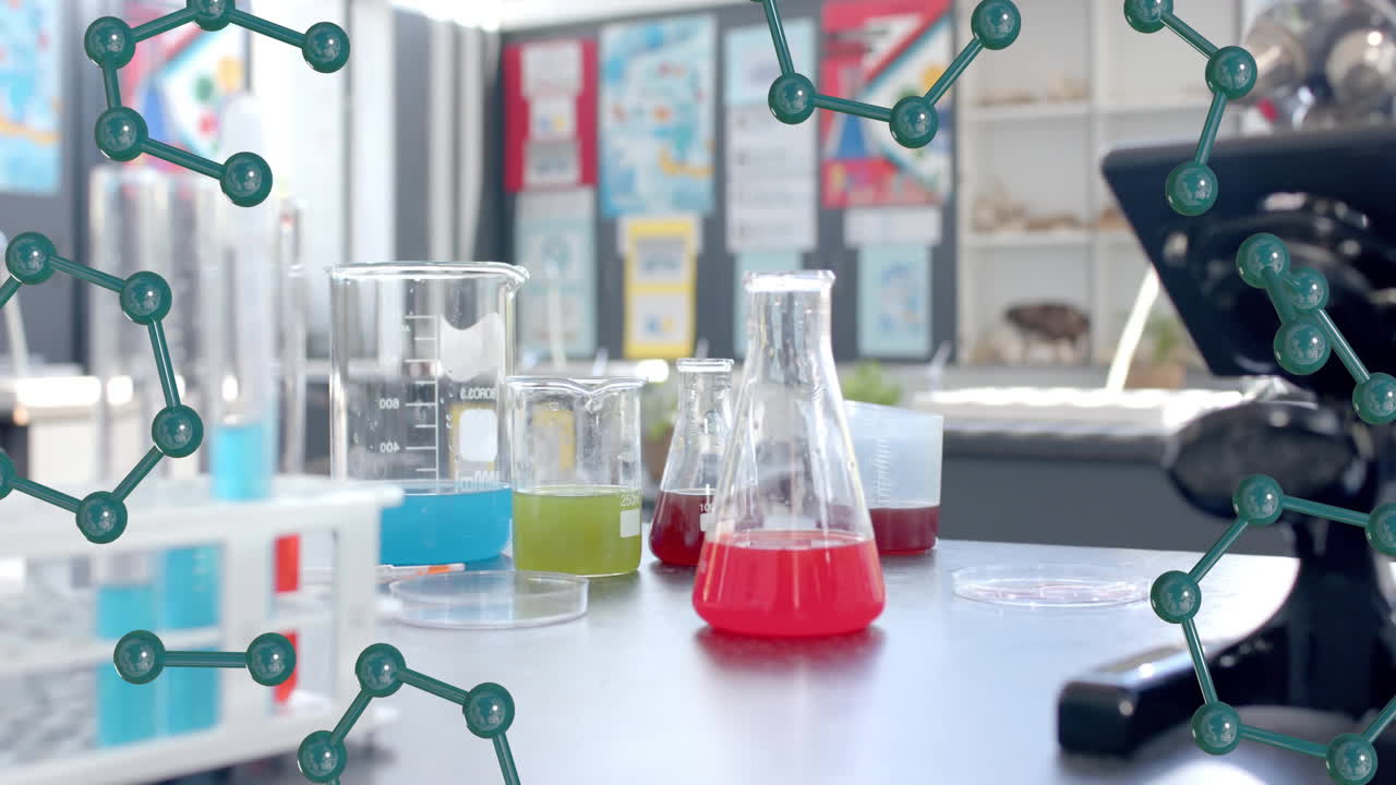 Chemical flasks with colorful liquids over molecular structure ...