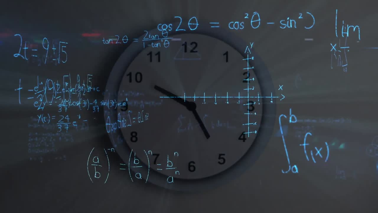 Premium stock video - Mathematical equations over animated clock ...