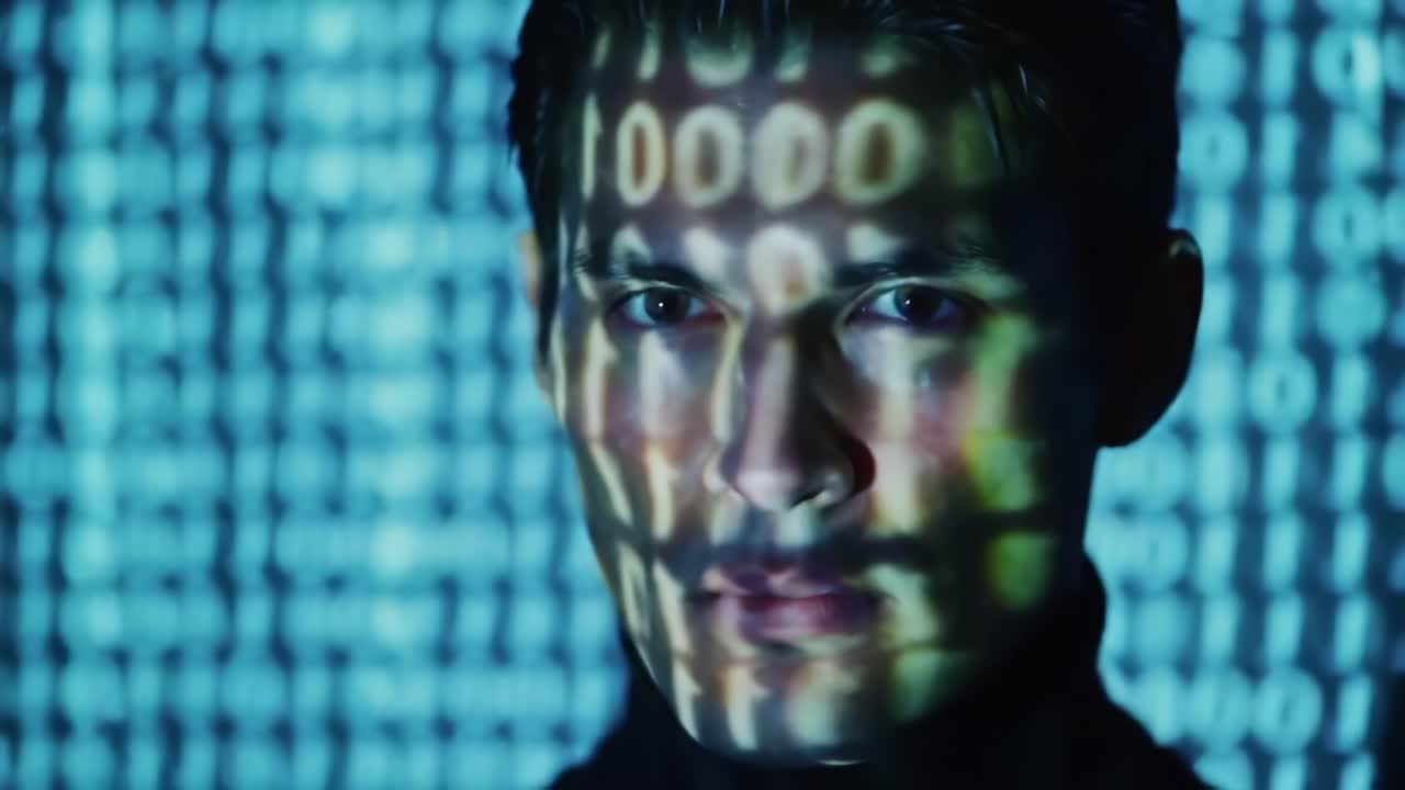 A captivating portrayal of a person against a backdrop of digital projections, featuring binary ...