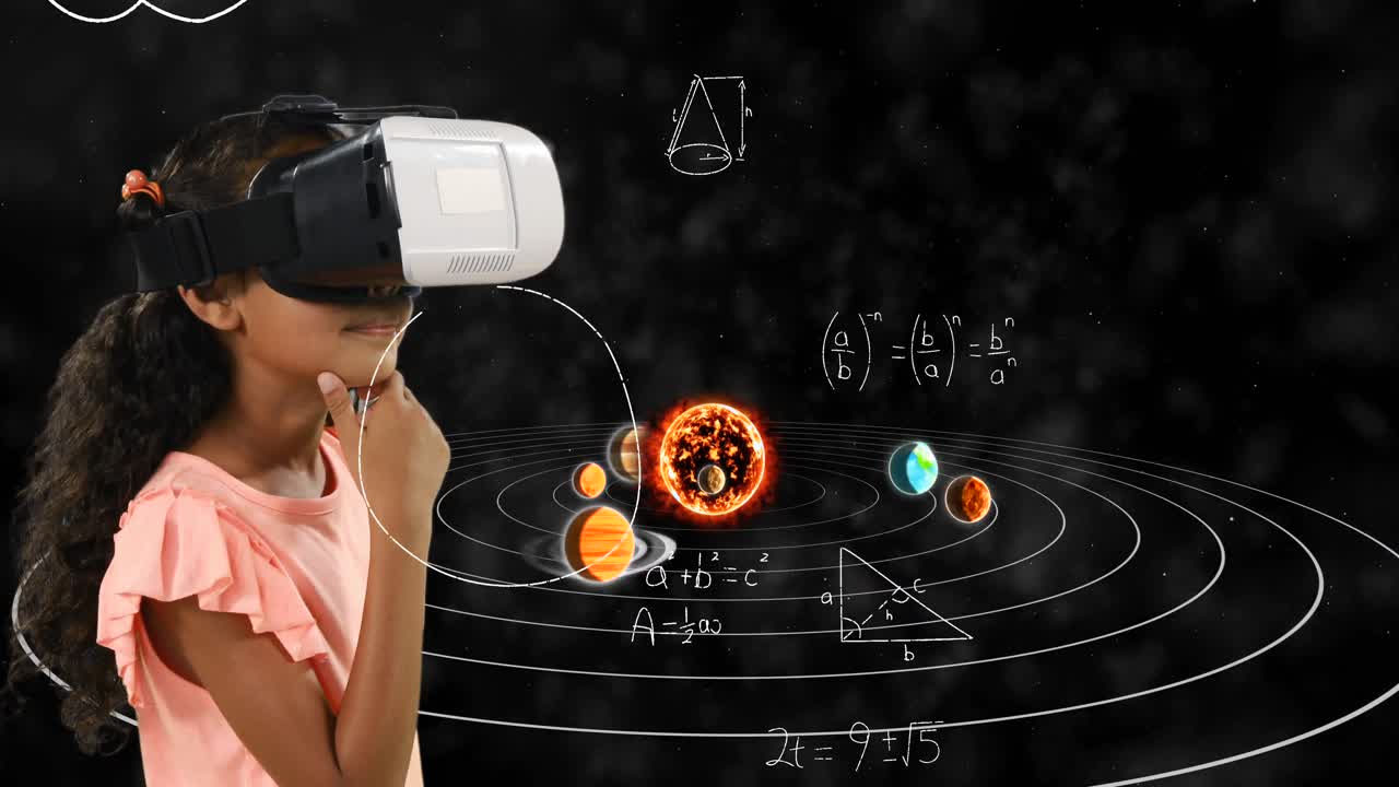 Mathematical equations and solar system floating against girl using vr ...