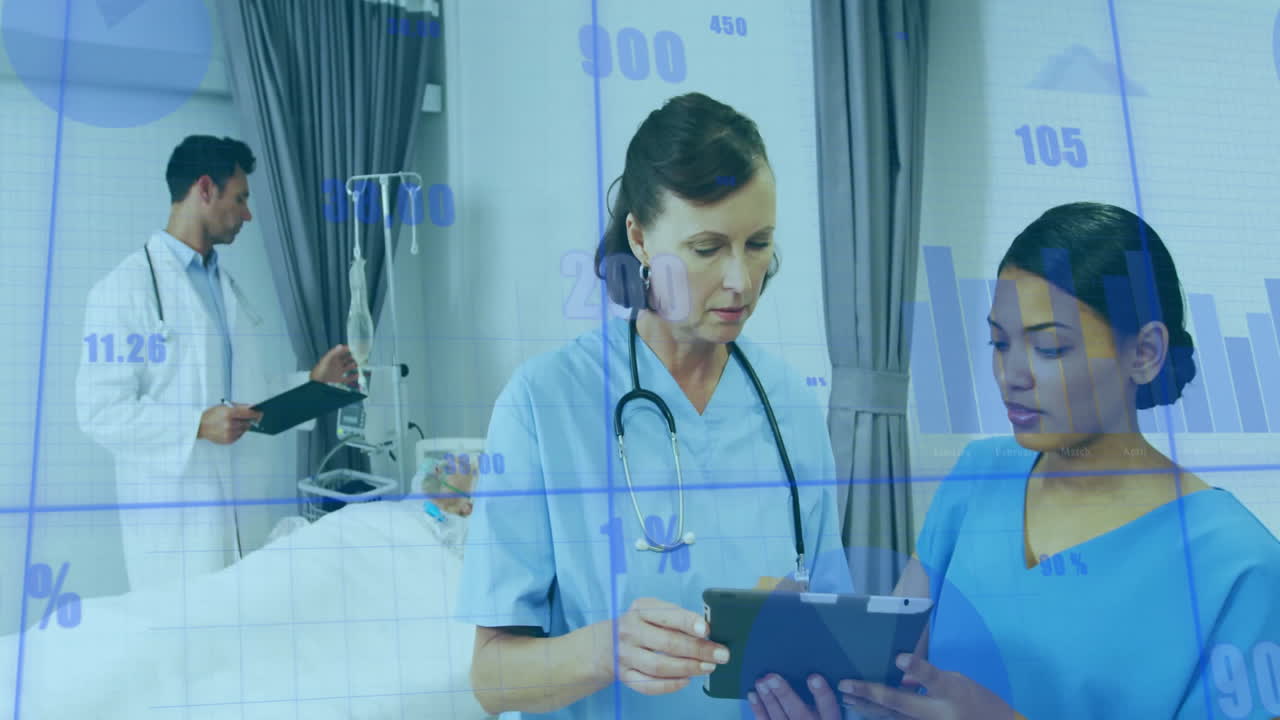 Animation of data processing and diagrams over diverse doctors talking ...