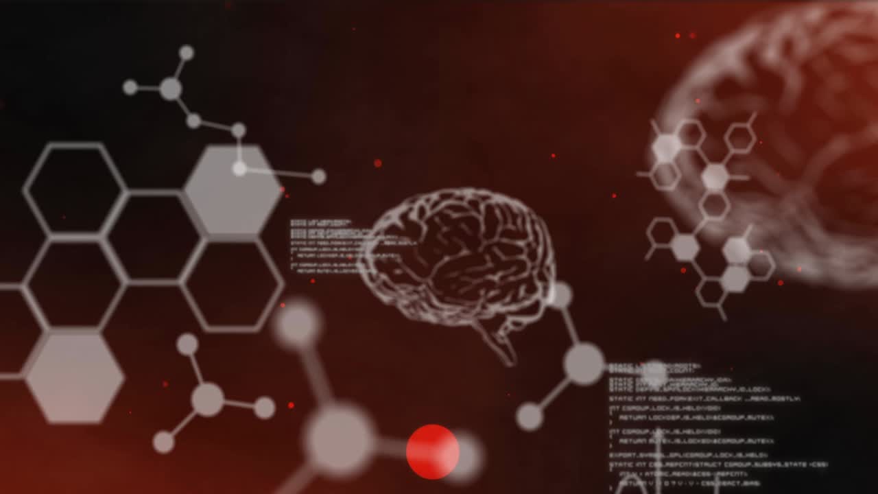 animation of data processing over digital brains on red background ...