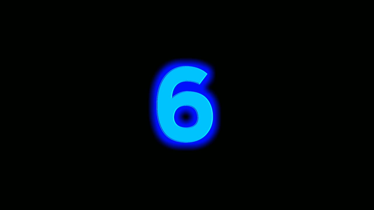 Neon blue energy number six 6 digital animation on black background ...