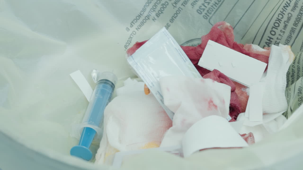 bloodied sponges syringe in waste bag in surgery. blood-covered sponges ...