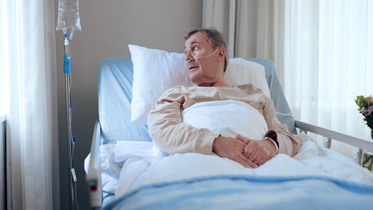 Premium stock video - Thinking, cancer and man in hospital at bed