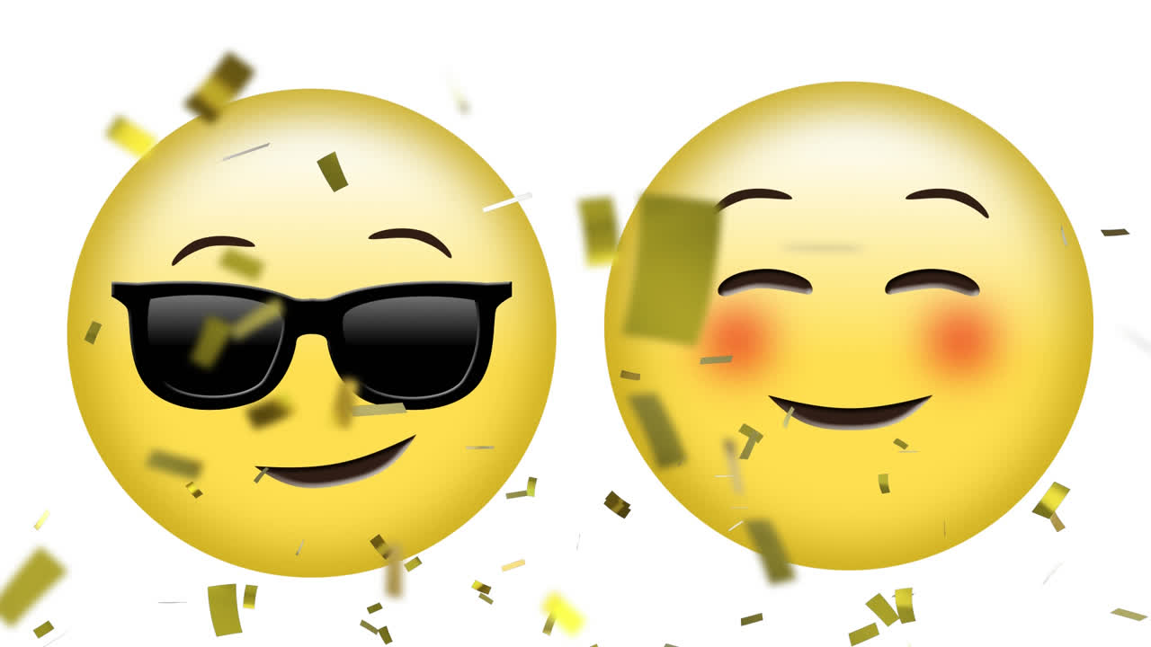 Animation of gold confetti falling over two smiling emojis one in ...