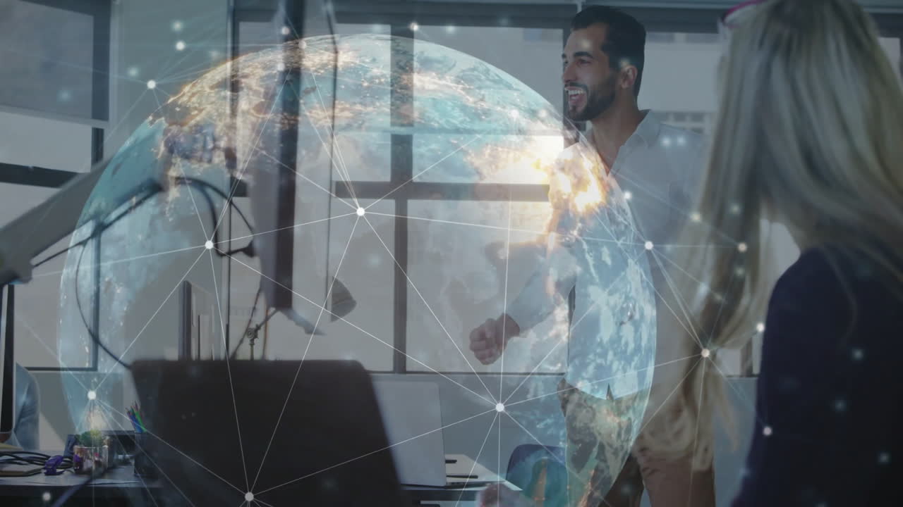 In office, professionals smiling with digital globe and network ...