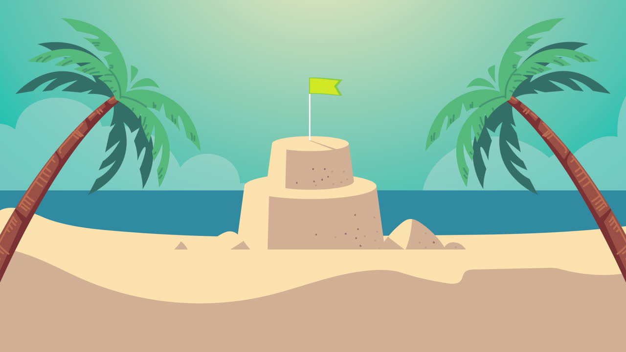 Summer time animation with sand castle on the beach scene Premium Stock ...