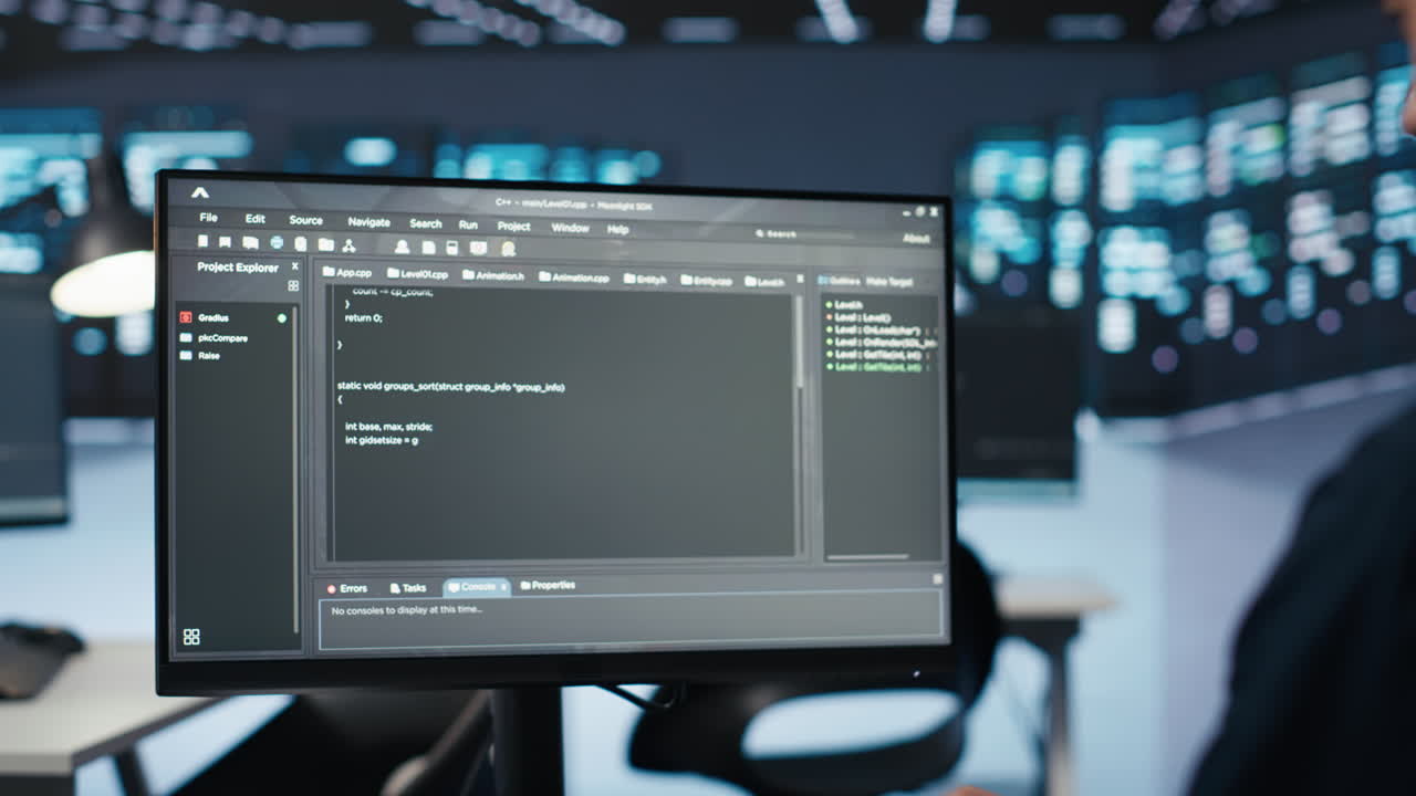 Admin Running Coding Script On Computer Screen In High Tech Data Center ...