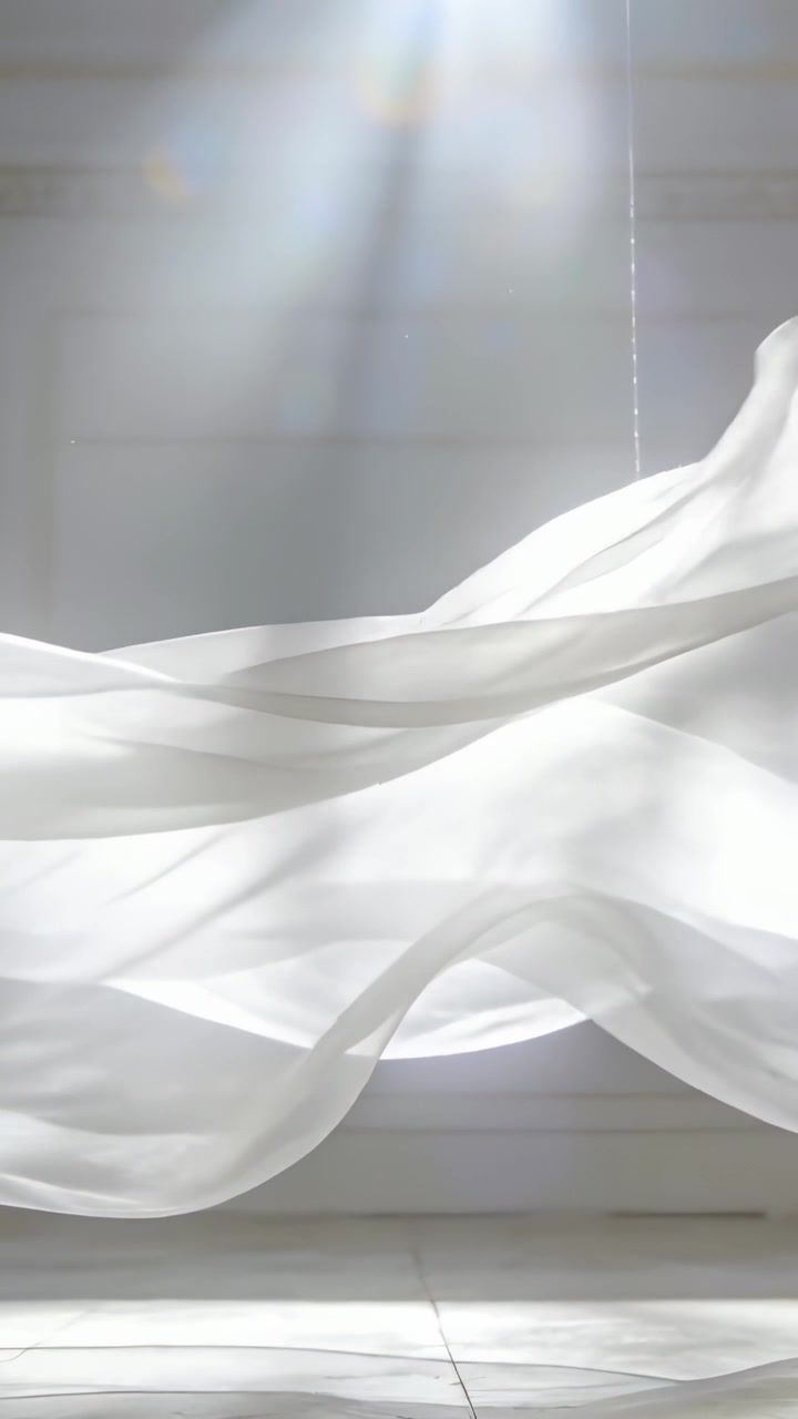 Vertical video: Billowing white sheer sheet shifting across pale room ...