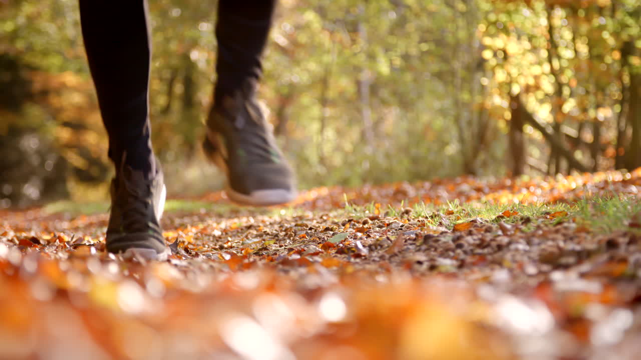 Premium stock video - Close up of man running through autumn landscape