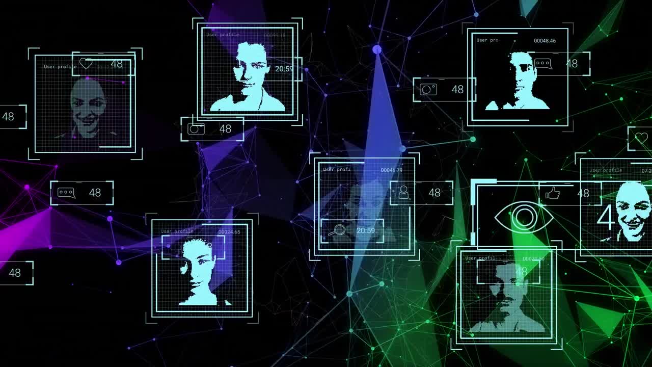 Premium stock video - Animation of multiple profile icons and plexus networks against black ...