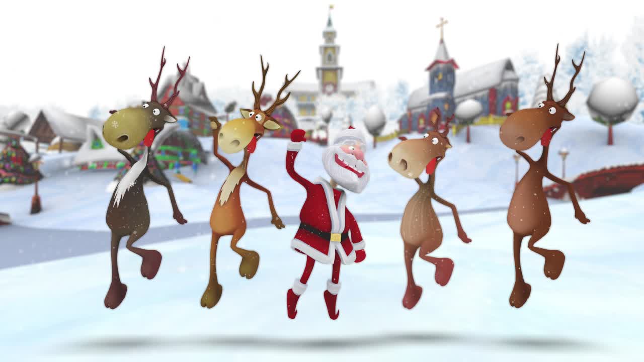 An Animation Of Cartoon Santa With His Reindeers Dancing Happily To The ...