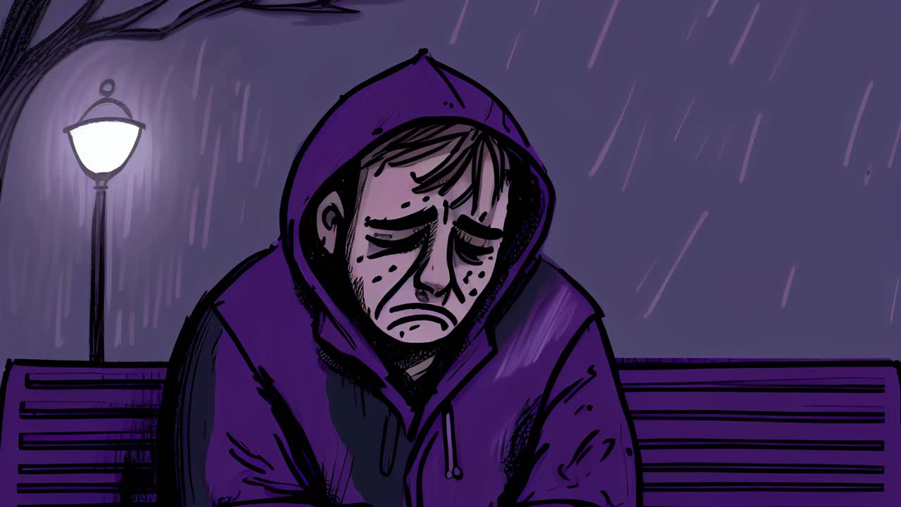 Depressed man sitting on a bench and crying in rain | Premium Stock ...