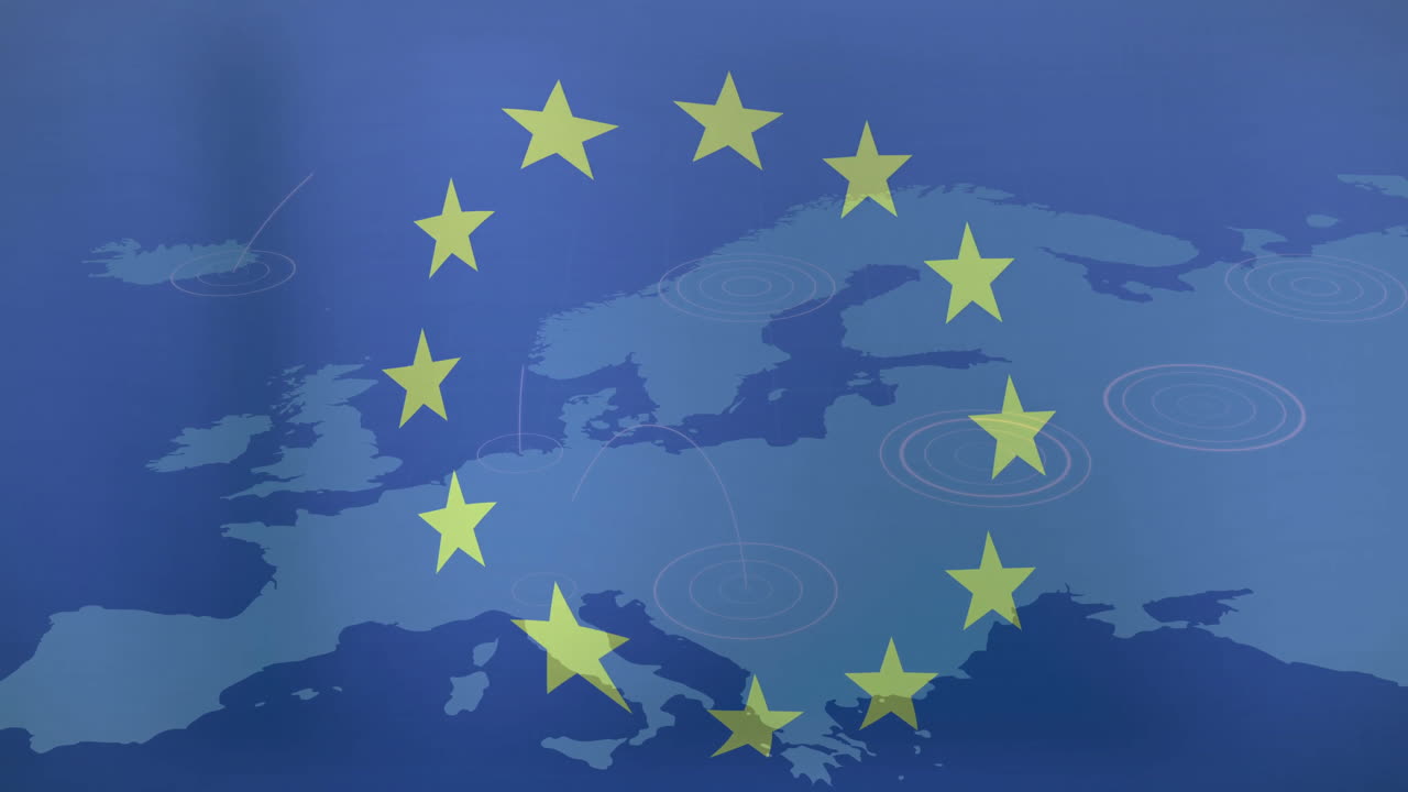 european union stars animation over map of europe with target circles ...