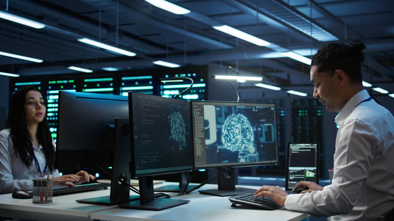 Computer scientist using ai tech on pc to do checkup in server room Premium Stock Video Footage