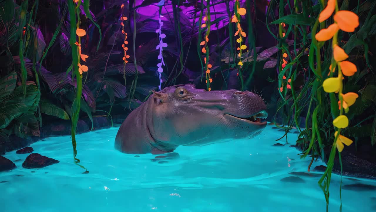 Hippo in illuminated jungle scene | Premium Stock Video Footage
