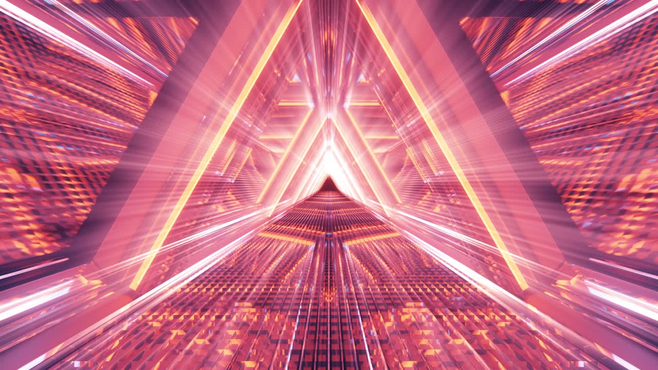 Computerized motion graphics of moving through triangular colorful ...
