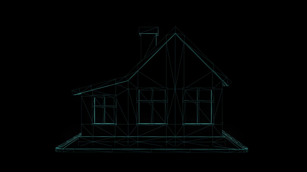 Wireframe house isolated on a black background. 3D render rotating ...
