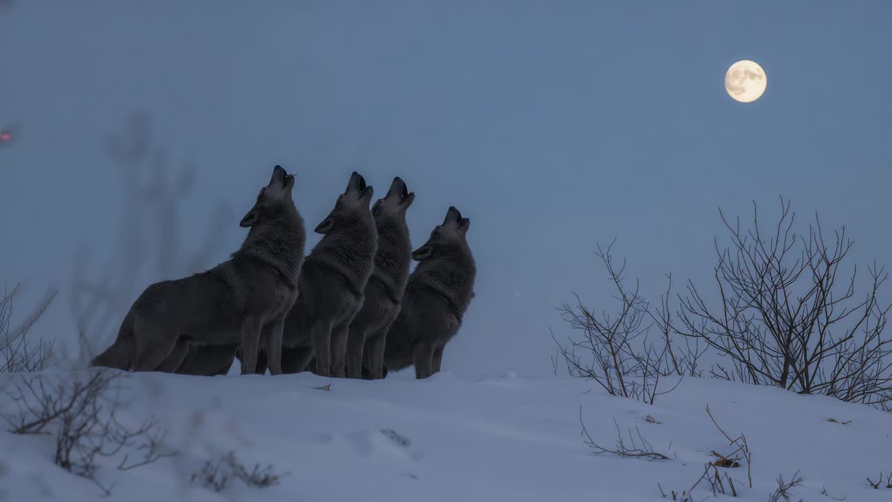 Howling four gray wolves lifting heads on snow-covered ridge at dusk ...