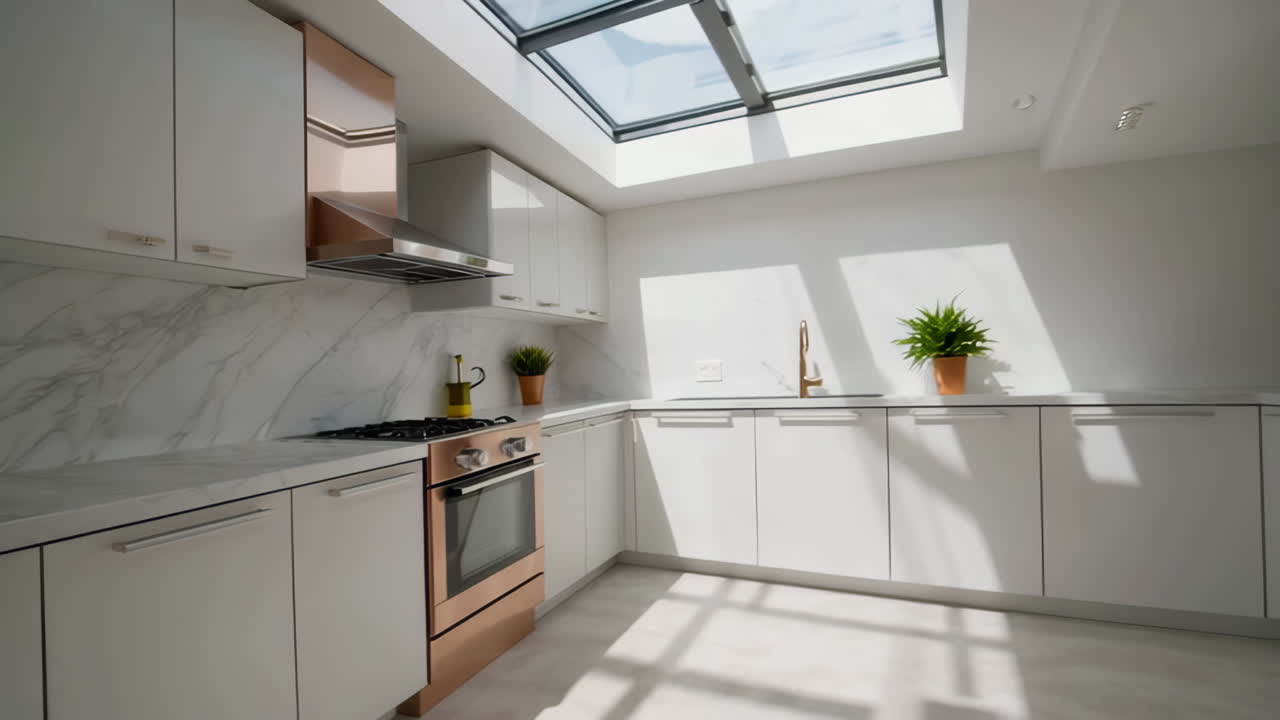 Modern Kitchen with Copper Cabinets and Marble Backsplash | Premium ...
