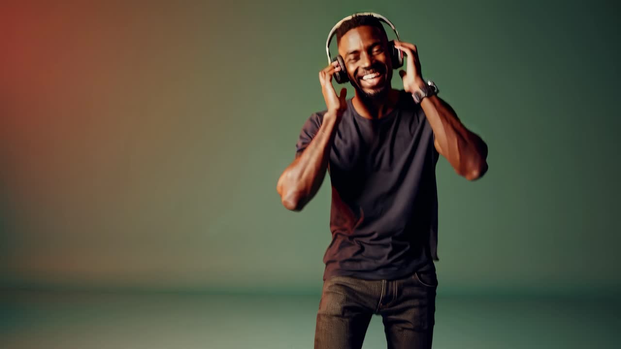 A joyful man listens to music with headphones, captured in a medium ...