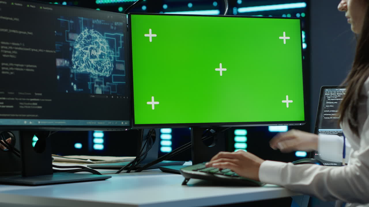 Premium stock video - Admin using ai tech on isolated screen pc to do maintenance in server room
