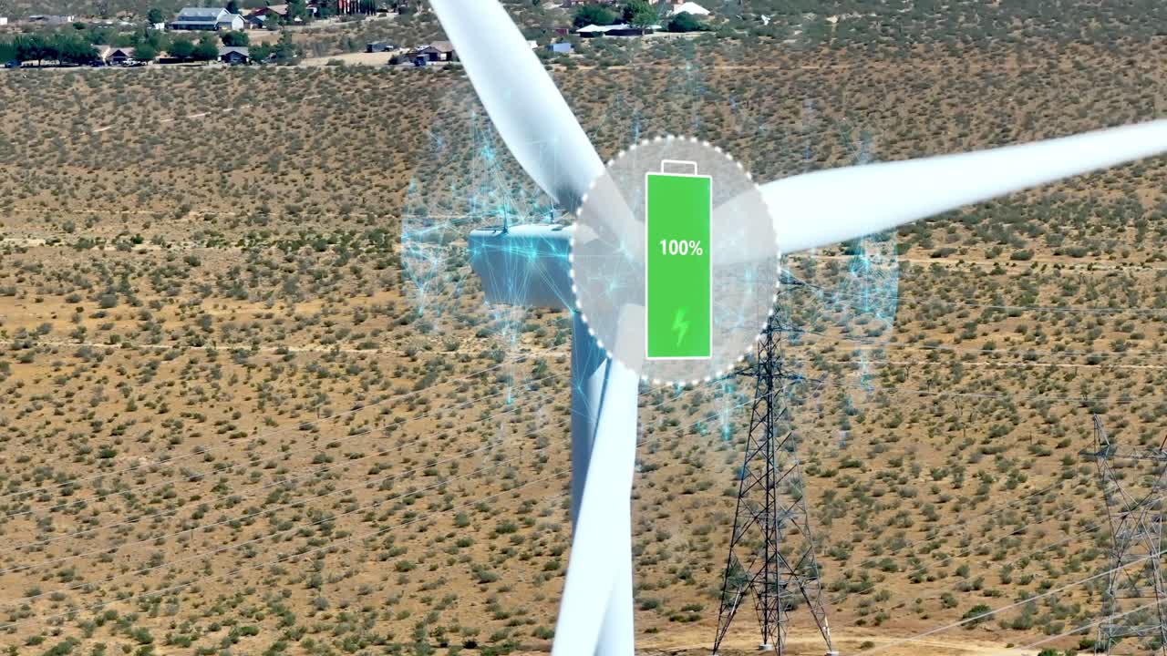 Holographic Battery HUD On A Wind Power Turbine, Green Energy Concept ...