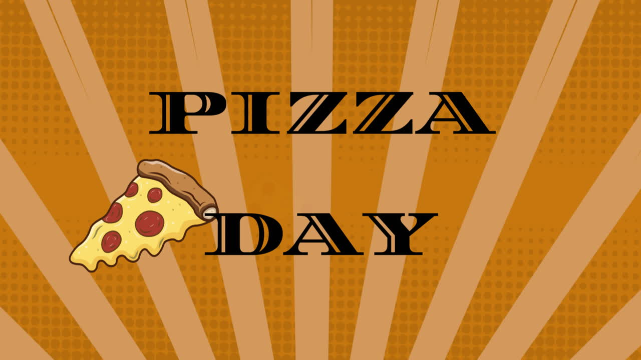 Animation of pizza day text and pizza icons over over stripes on orange ...