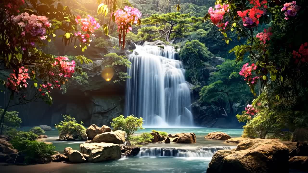A serene waterfall in a lush forest, captured from a low angle ...