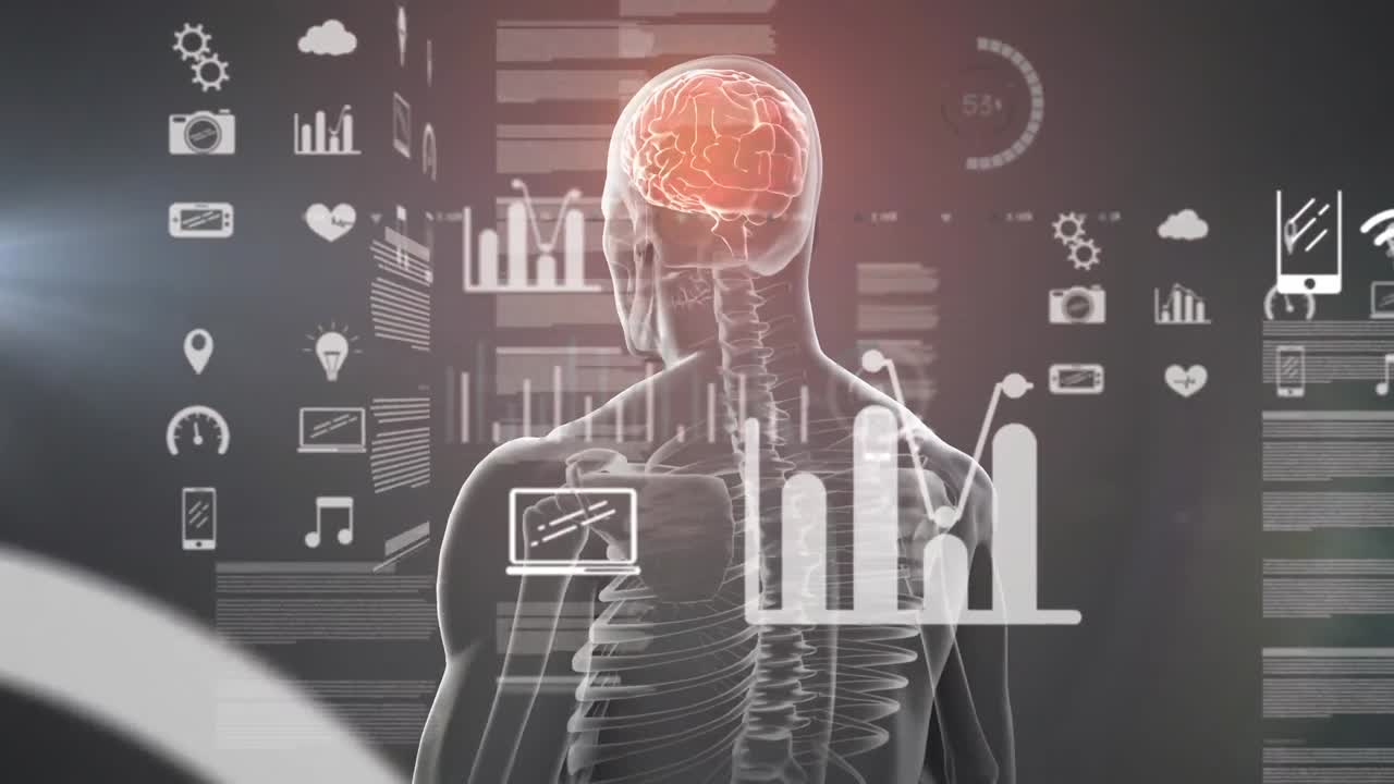Animation of human body representation, icons, graphs and database over ...