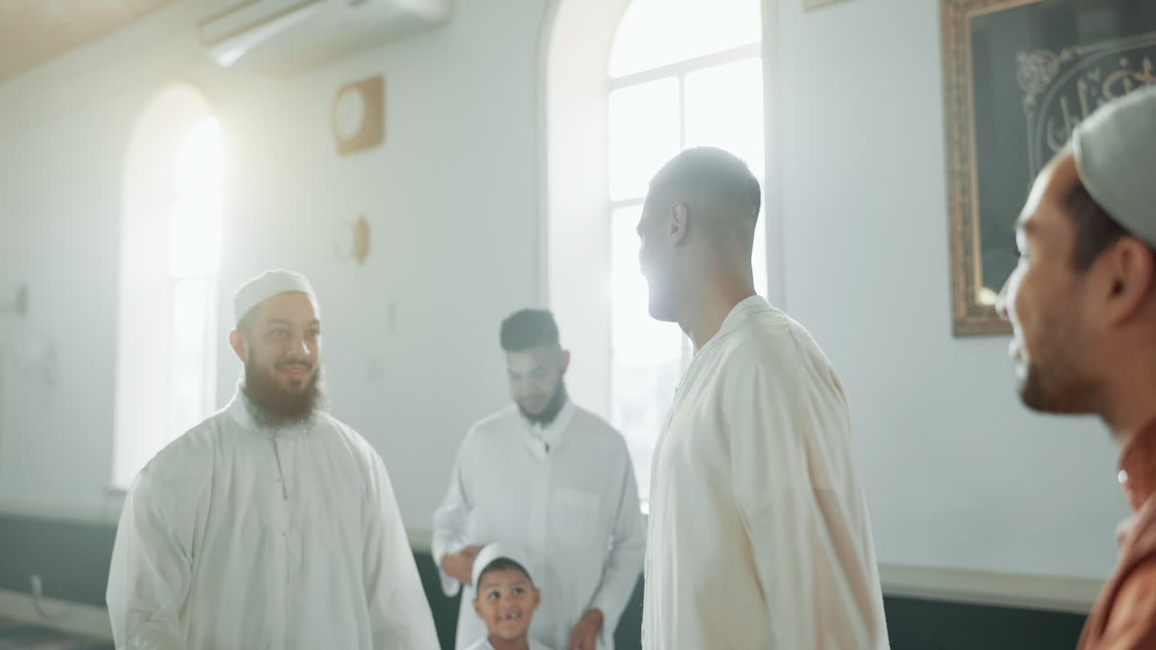 Premium stock video - Muslim, religion and people hug in mosque