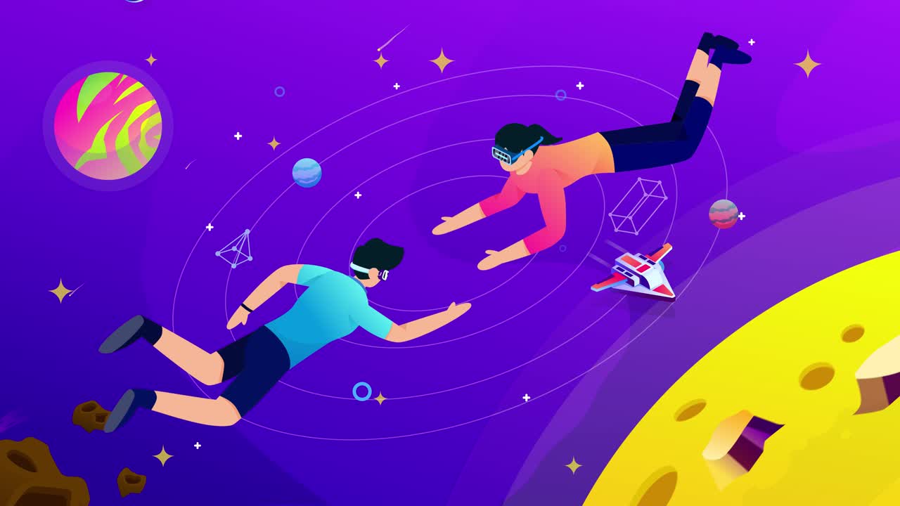 Premium stock video - Two people floating in outer space vr world ...