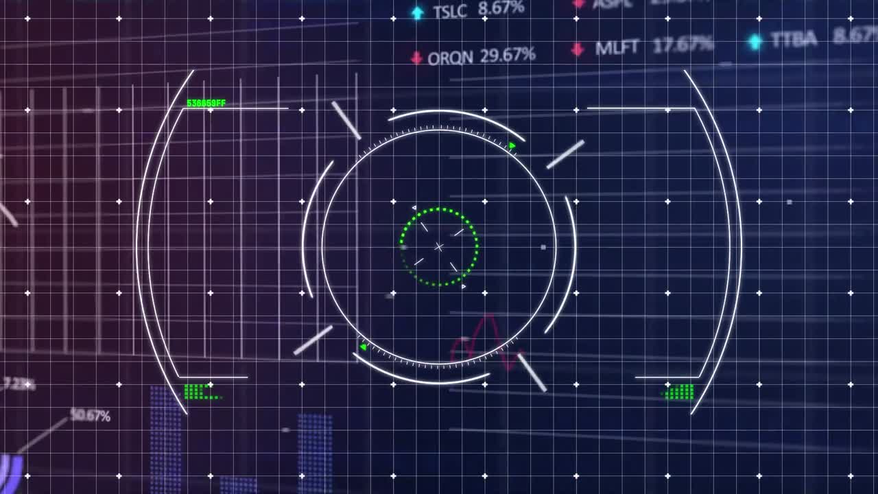 Animation of scope scanning over statistical and stock market data processing on black ...