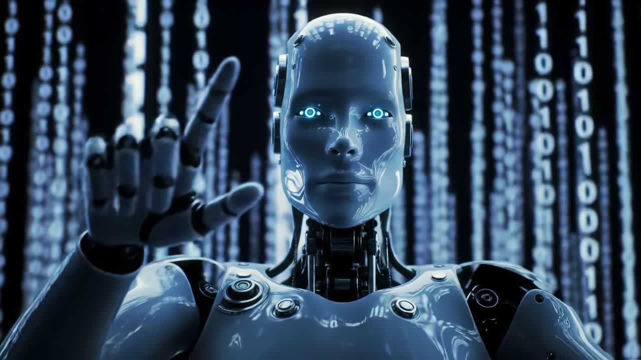 Futuristic humanoid robot interacts with digital data streams ...