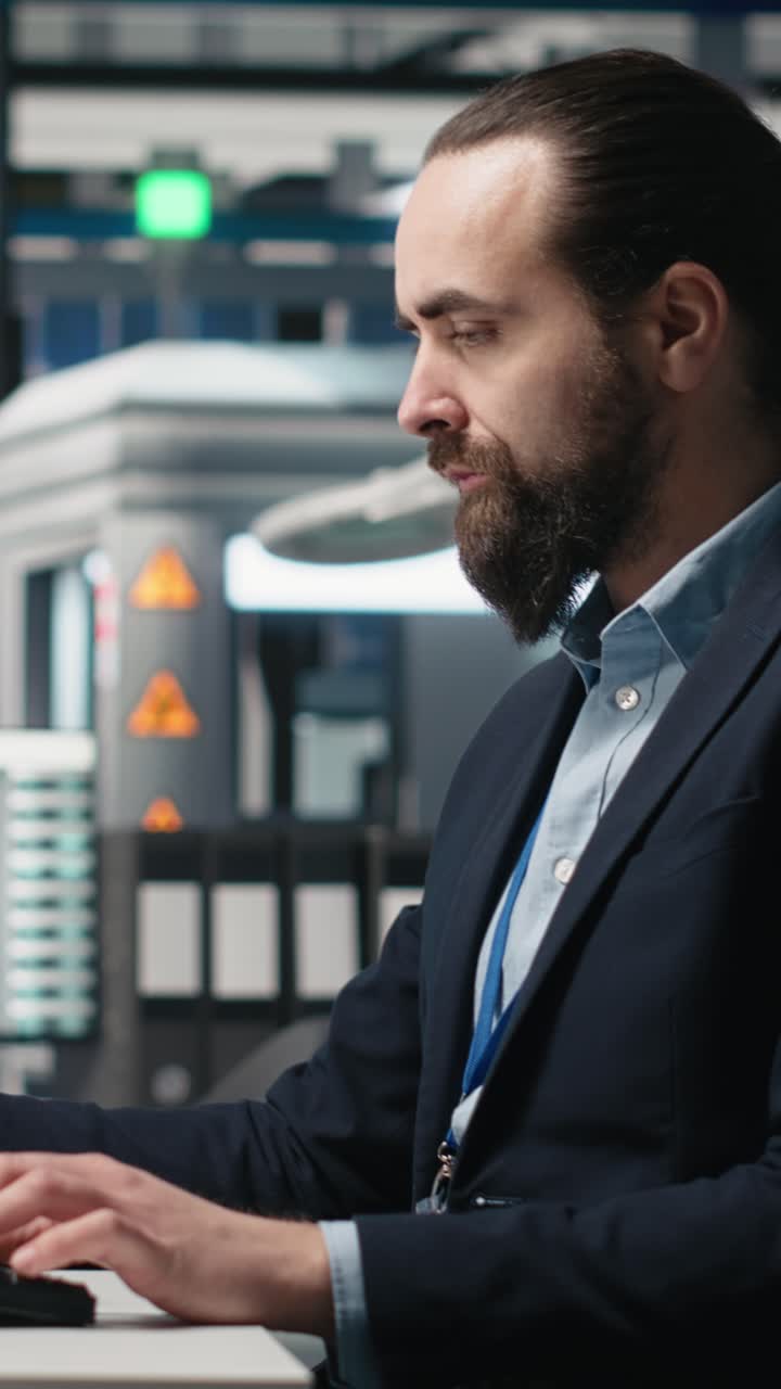 Vertical Video Professional engineer reviewing insight on pc at the ...