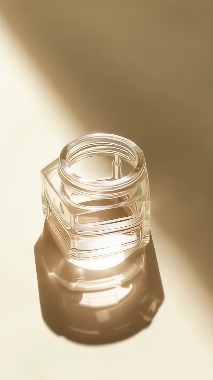 Vertical video: Sunlight striking hexagonal glass jar on tabletop ...