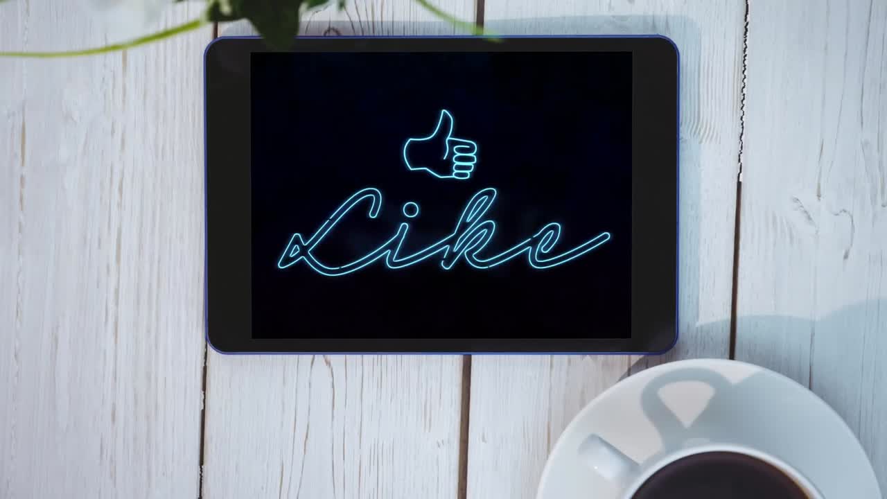 Animation of blue neon style word Like with an icon flickering on ...
