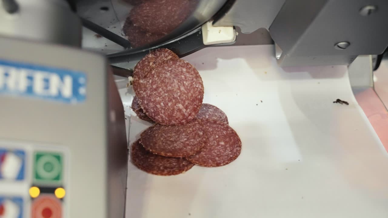 Premium stock video - Salami slices dropping from a commercial meat ...