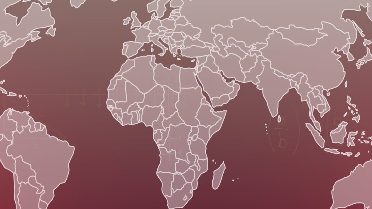 Animation of mathematical equations over world map against purple ...