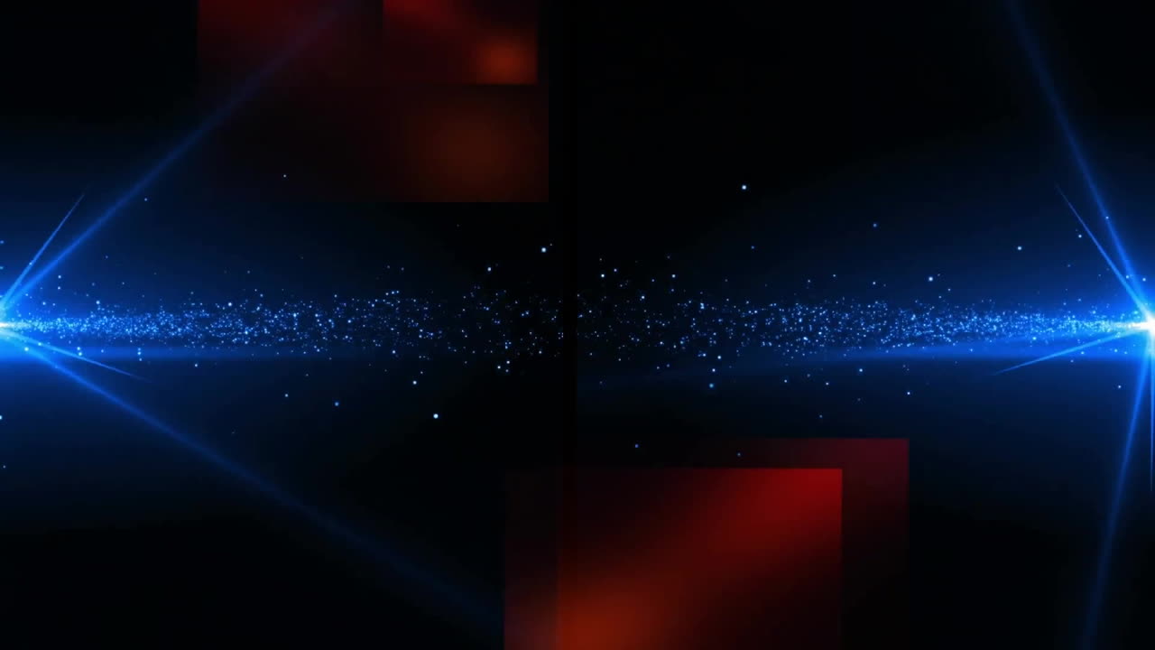 Animation of blue lens flares creating particles and squares over black ...
